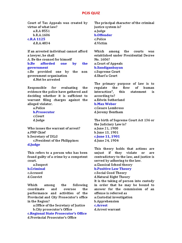 PCJS Quiz | PDF | Arrest | Prosecutor