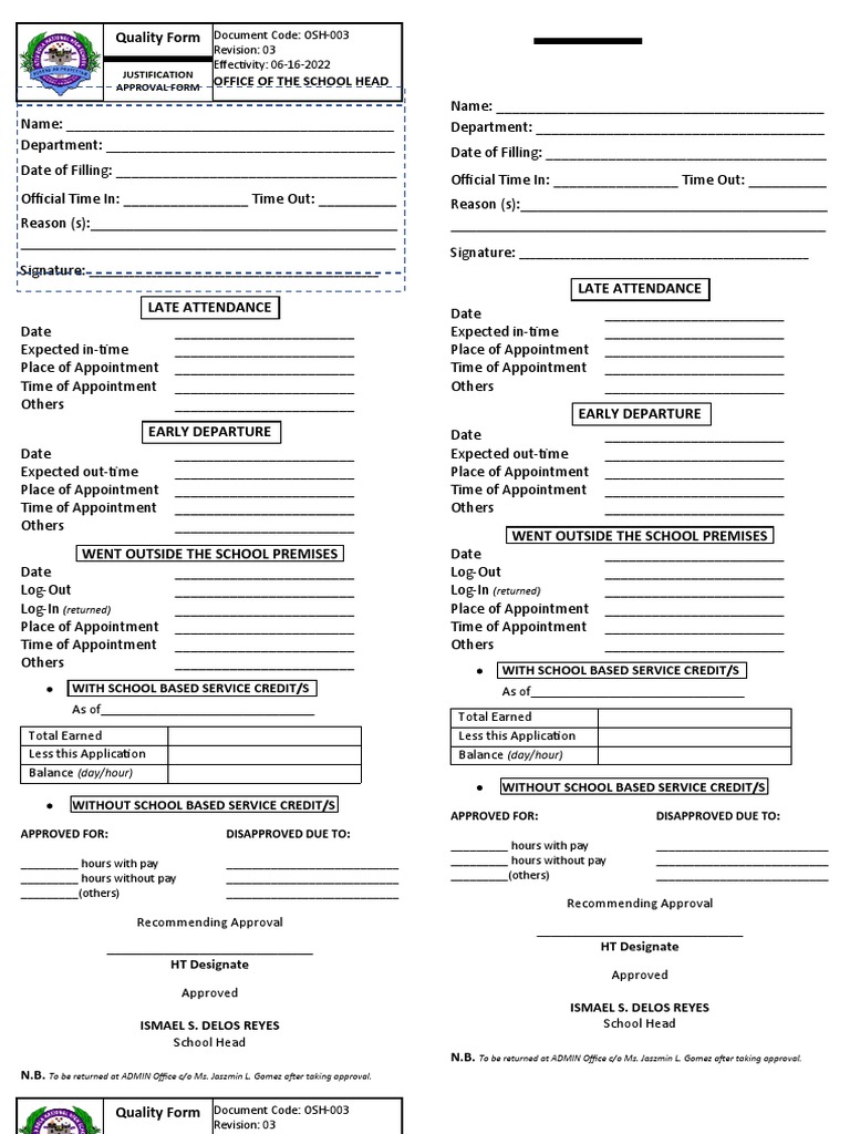 Justification and Approval Form for Late Arrival, Early Departure, and ...