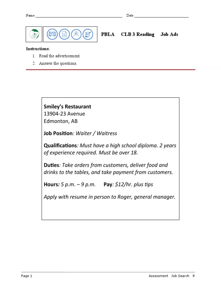 CLB 3 Job Ad Reading Assessment | PDF | Waiting Staff | Education Theory