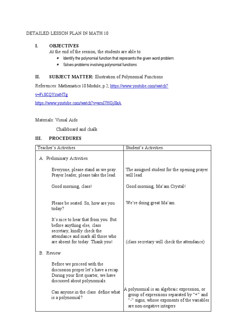 Grade 10 Polynomial Functions Lesson Plan | PDF | Polynomial ...