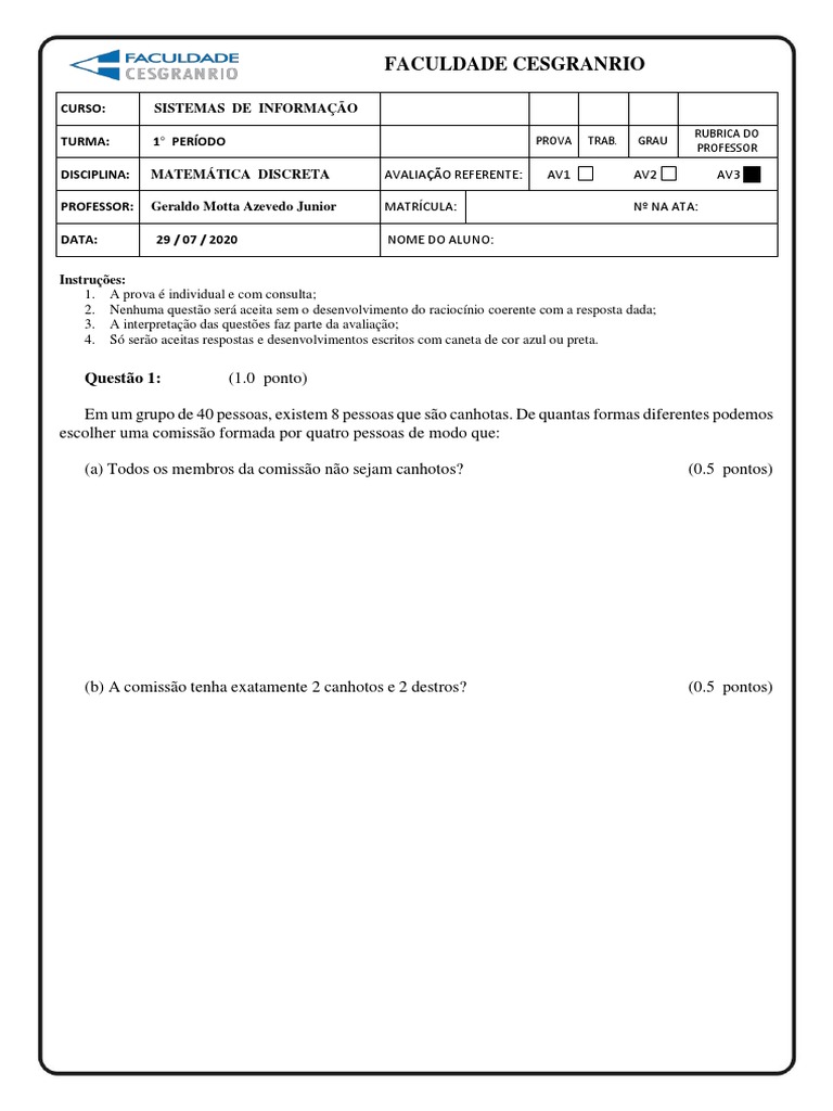 AV3 - Matemática Discreta | Download grátis PDF | Probabilidade | Cor