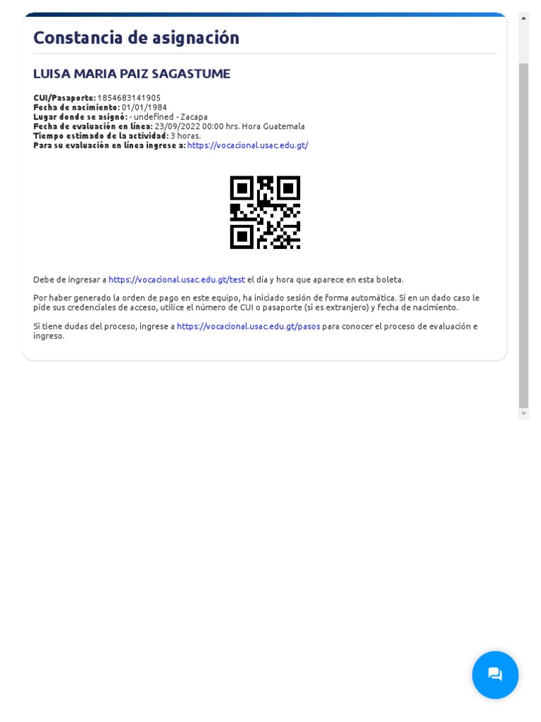 Constancia de asignación para evaluación vocacional en línea de Luisa María Paiz Sagastume | PDF