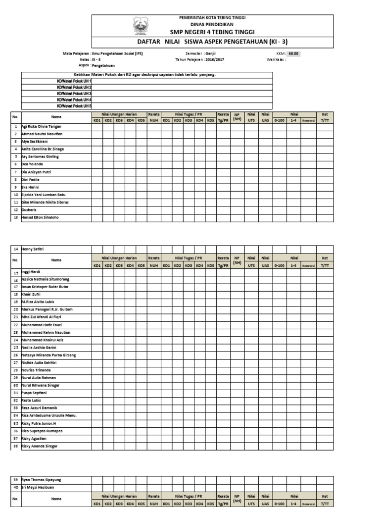 Format Daftar Nilai Siswa 2 | PDF