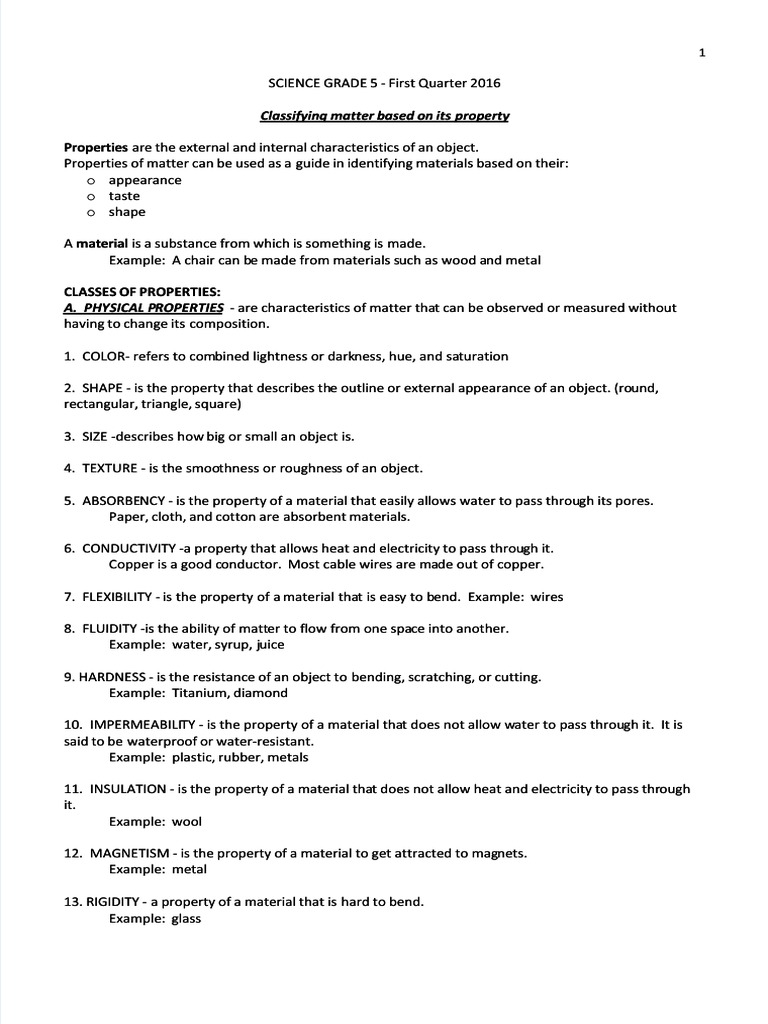 Grade 5 Science: Matter Properties | PDF