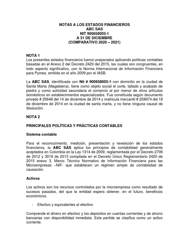 Notas A Los Estados Financieros 2021 | PDF