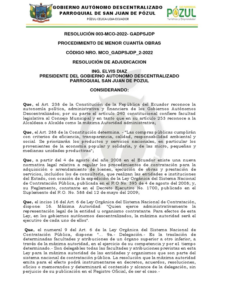 RESOLUCION DE ADJUDICACION ADOQUINADO POZUL-signed | PDF | Regulación | Presupuesto