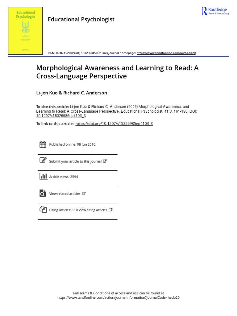 Morphological Awareness and Learning To Read A Cross Language ...