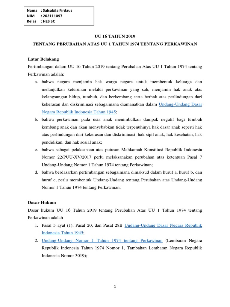 Uu 16 Tahun 2019 Tentang Perkawinan | PDF