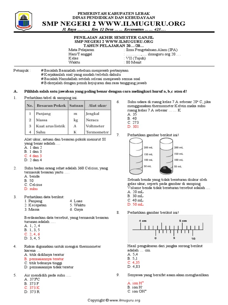 Ilmuguru - Org - Soal PAS IPA Kelas 7 Semester 1 Tahun 2020 | PDF