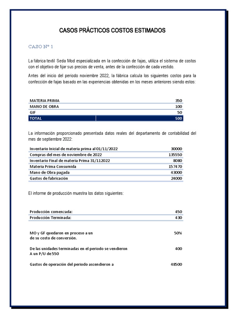 Casos Prácticos Costos Estimados | PDF