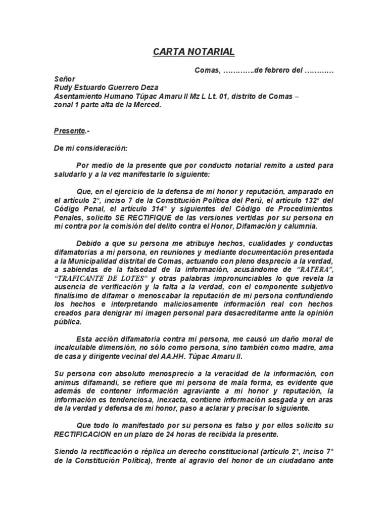 Carta Notarial por Difamación y Rectificación | PDF | Etica Aplicada ...
