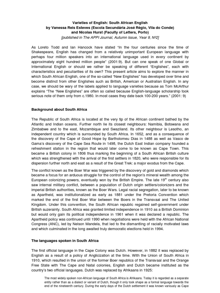 Varieties of English Article On South African English | PDF | Boer ...