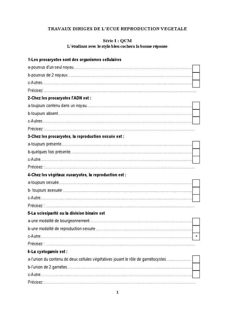 QCM sur la reproduction végétale | PDF