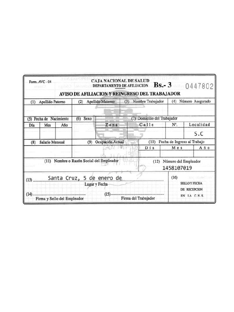 Formulario de Avc 01 04 Caja Nacional de Salud | PDF