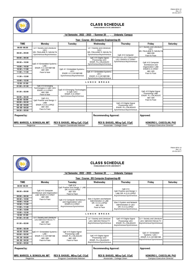 Class Schedule 1st 2022 2023 Fourth Year Pdf Electricity