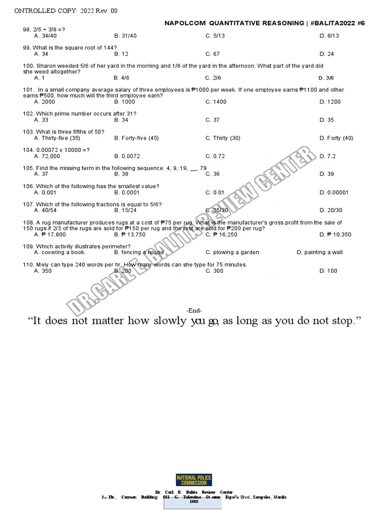Napolcom 2022 Quantitative Reasoning | PDF | Area | Foot (Unit)
