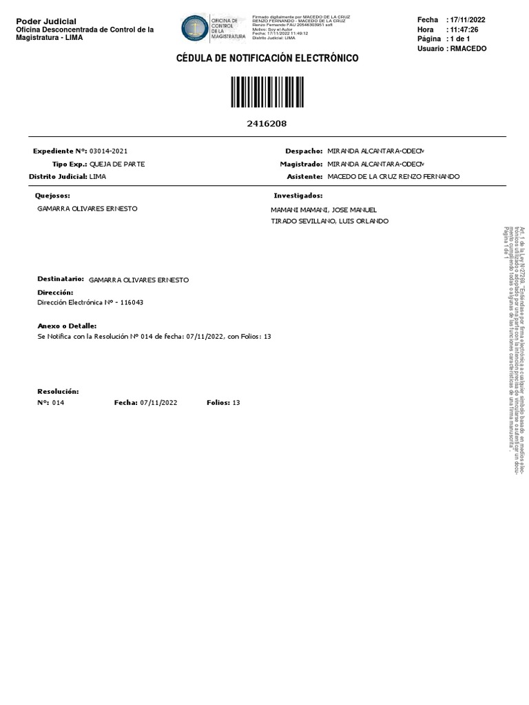 CÉDULA DE NOTIFICACIÓN ELECTRÓNICA 2416208 07 NOV 2022. Res. N.° 14. QUEJA N°3014-2021. 14p ...