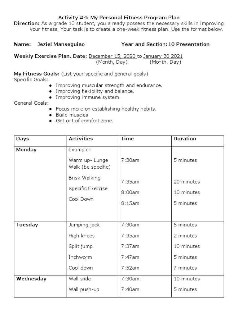 My Personal Fitness Program Plan | PDF | Physical Fitness ...