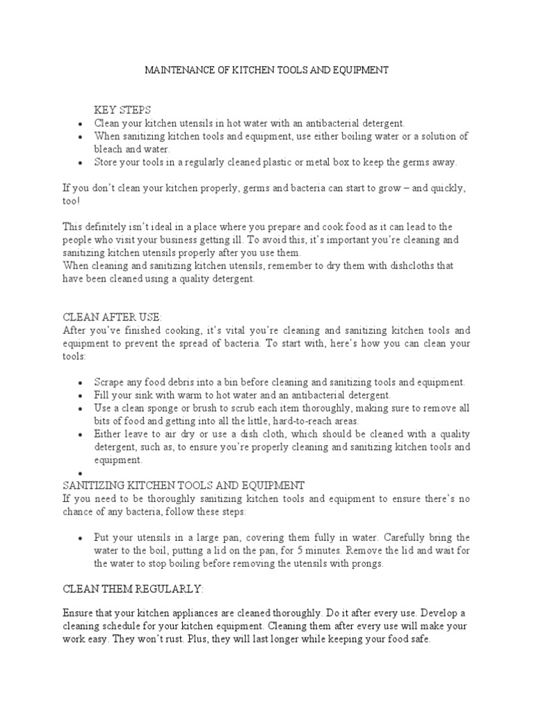 Maintenance of Kitchen Tools and Equipment | PDF | Kitchen | Kitchen ...