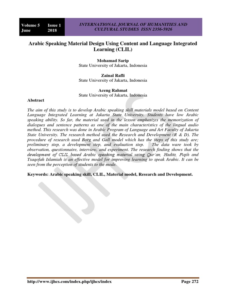S3 1 Arabic Speaking Material Design Using Content and Language Integrated Learning (CLIL) | PDF ...