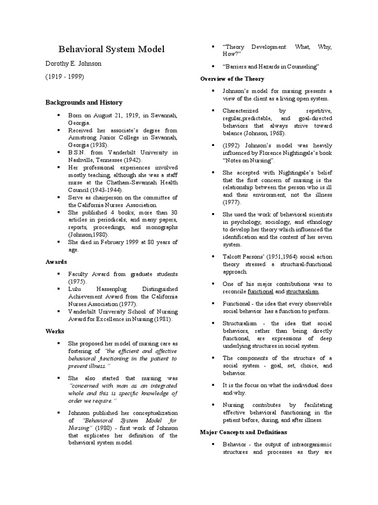 An Overview of Dorothy Johnson's Behavioral System Model for Nursing ...