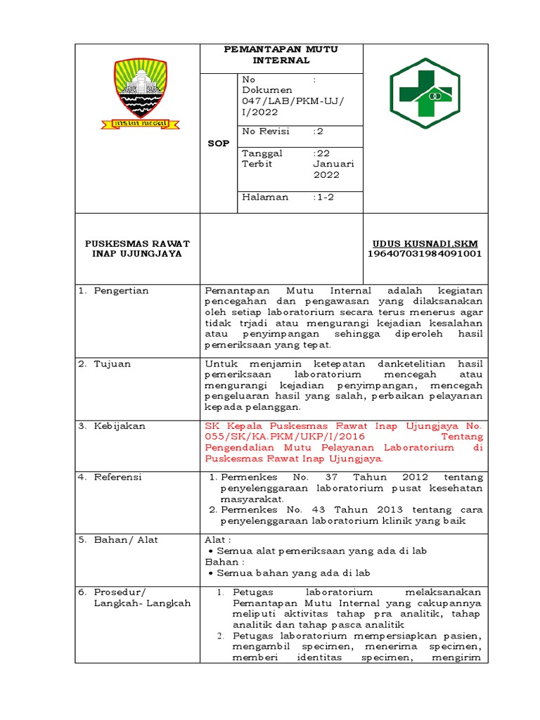 47.sop Pemantapan Mutu Internal (Pengendalian Mutu Lab) | PDF