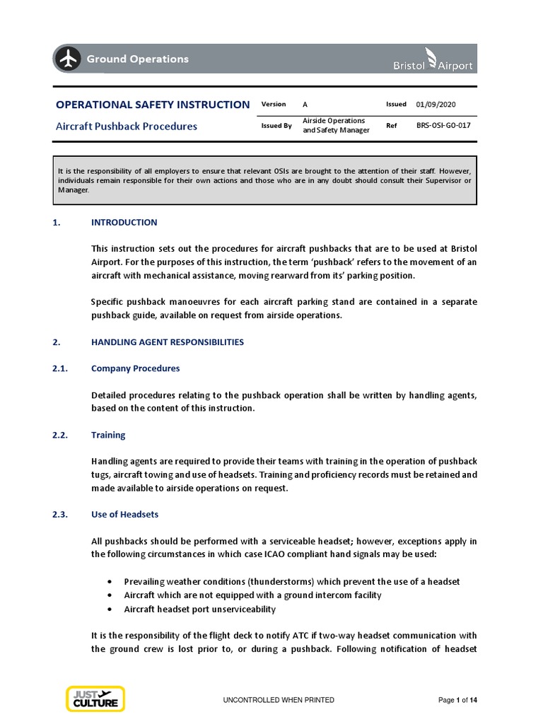 Bristol Airport Aircraft Pushback Procedures | PDF | Air Traffic ...
