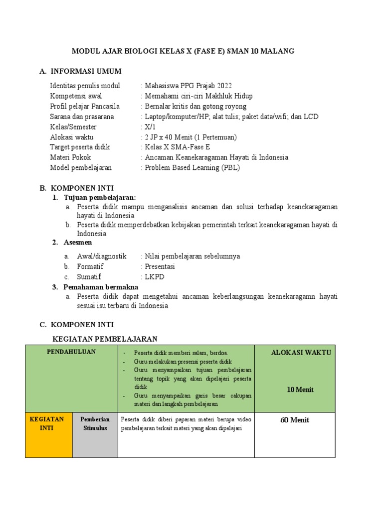 Modul Ajar Biologi Kelas X - Kehati - 4 | PDF