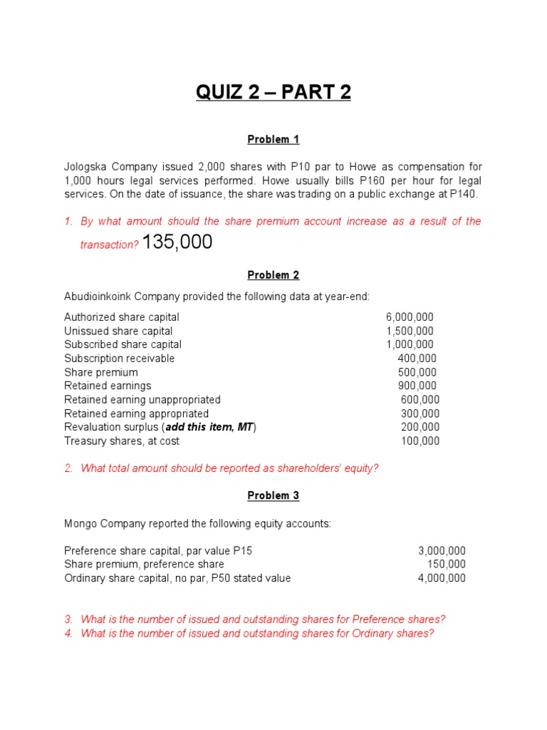 Quiz Questionsdocx PR | PDF | Treasury Stock | Option (Finance)