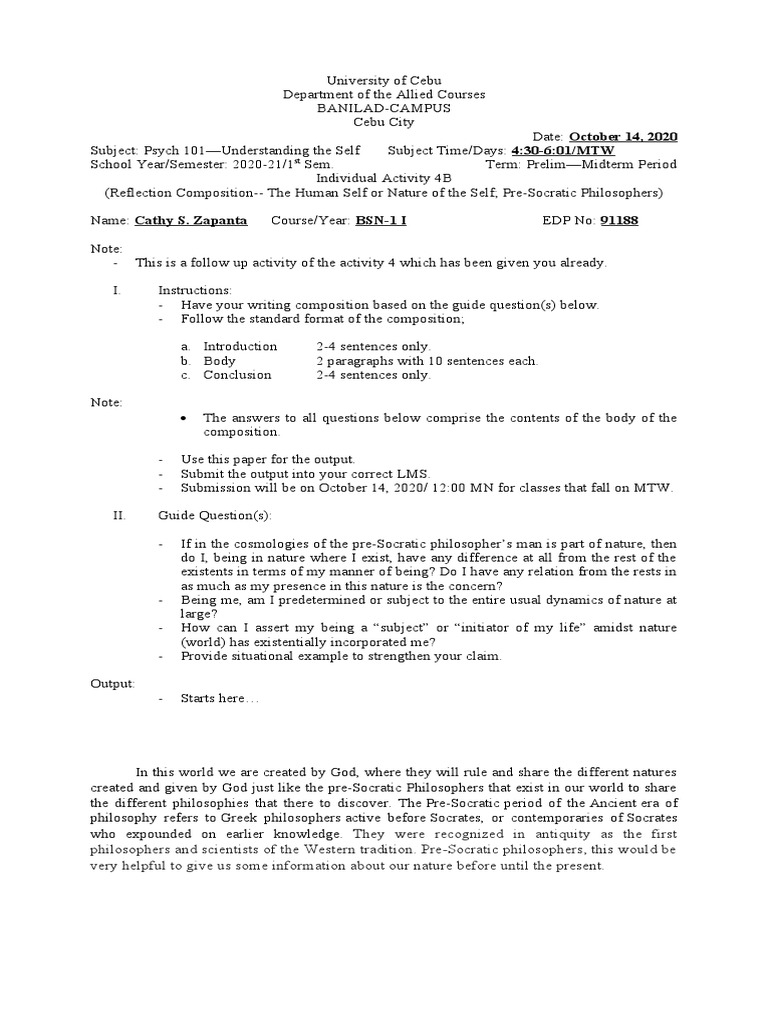Individual Activity 4b - Reflection Composition - The Human Self or ...