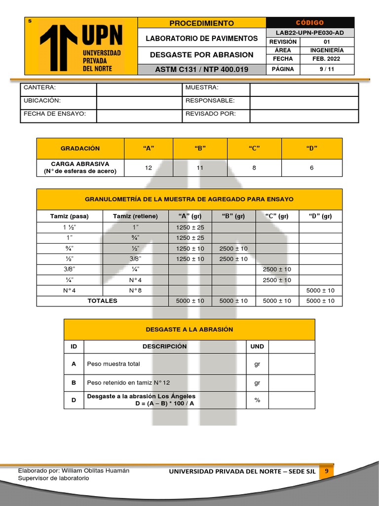 30.1 Formato Procedimiento de Desgaste Por Abrasion ASTM C131 | PDF