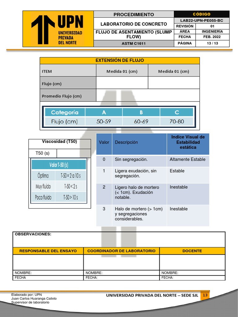 55.1 Formato Flujo de Asentamiento (Slump Flow) ASTM C1611 | PDF