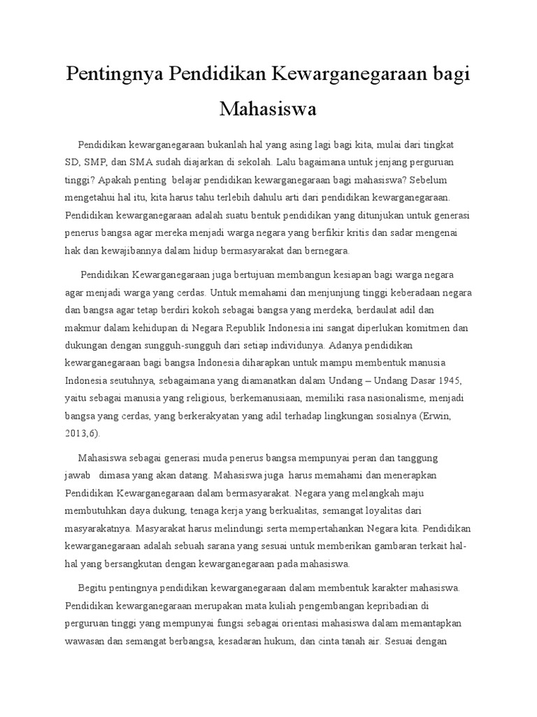 Pentingnya Pendidikan Kewarganegaraan Bagi Mahasiswa | PDF Pentingnya Pendidikan Kewarganegaraan Bagi Mahasiswa | PDF