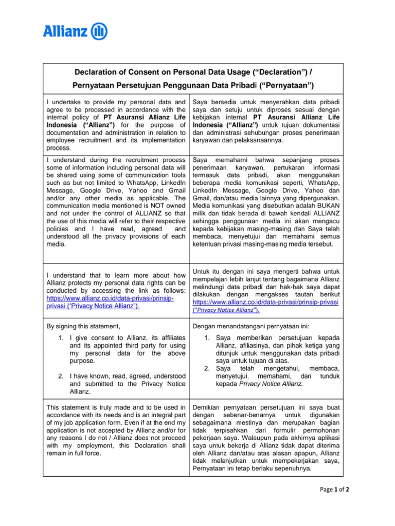 Declaration of Consent On Personal Data Usage | PDF