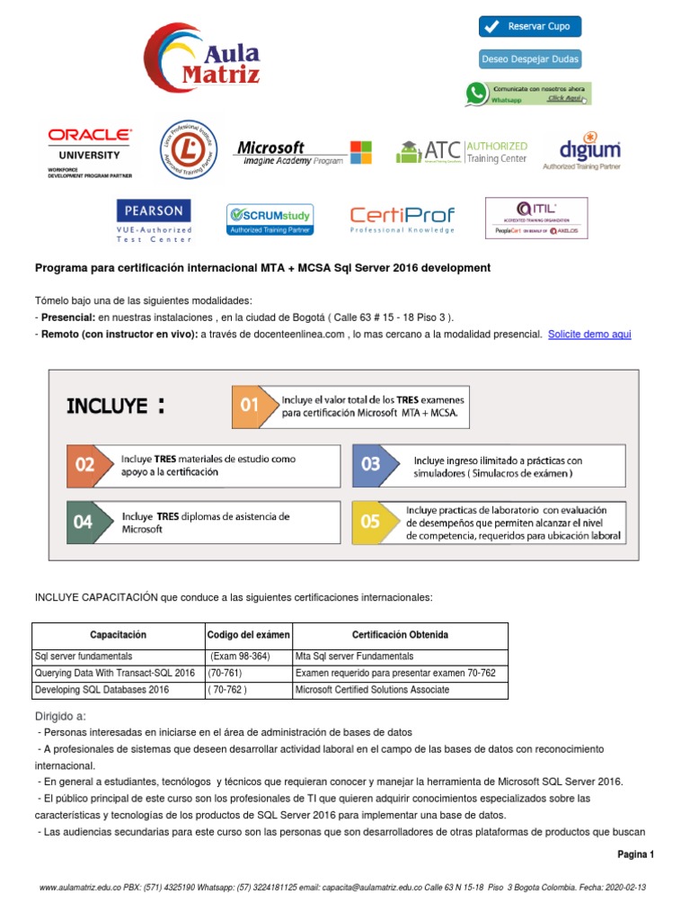 Capacitacion Programa para Certificación Internacional MTA + MCSA SQL ...