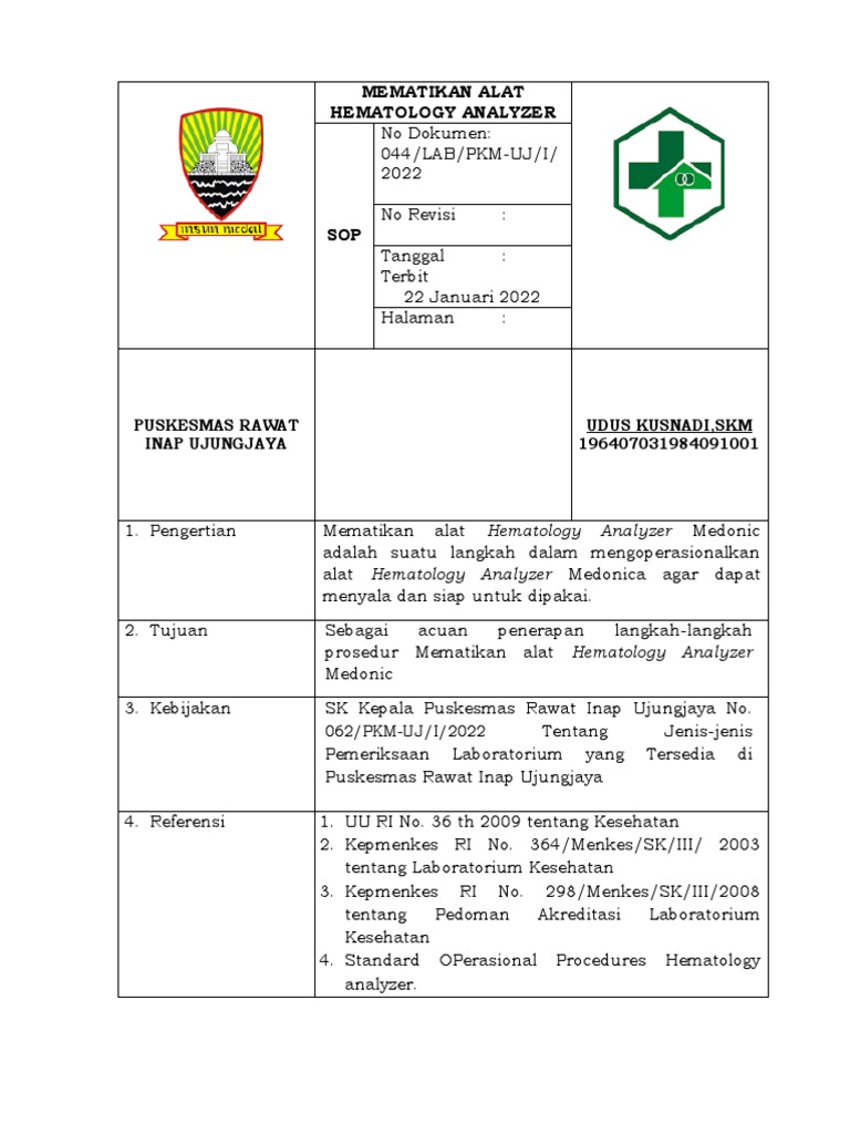 SOP Mematikan Hematology Analyzer | PDF