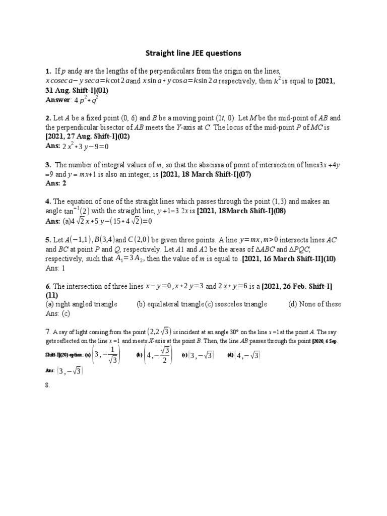 Straight Line Jee Questions | PDF | Teaching Methods & Materials