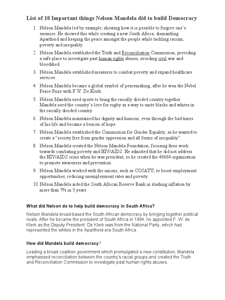 List of 10 Important Things Nelson Mandela Did To Build Democracy | PDF