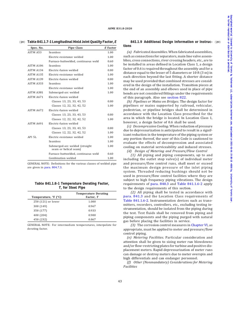 ASME 31.8-841.1.1-8 Temperature Derature Table | PDF | Pipe (Fluid ...