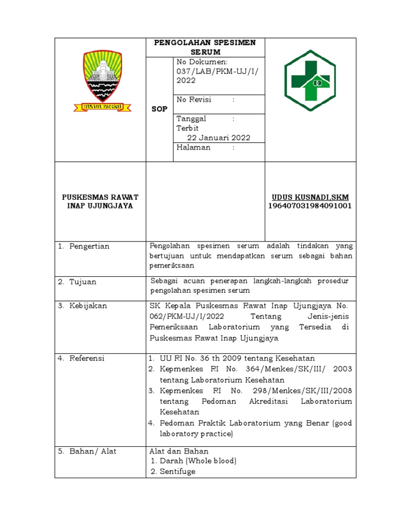 37.SOP Pengolahan Spesimen Serum | PDF