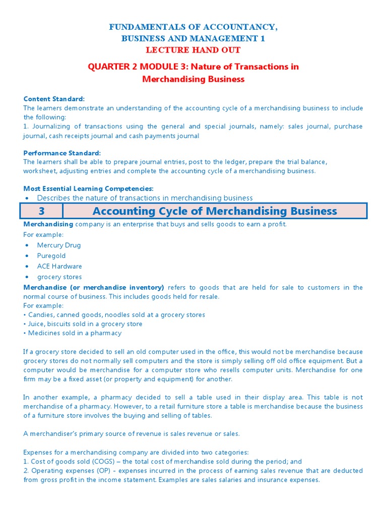 FABM1 LESSON 3 Nature of Transactions in Merchandising Business | PDF