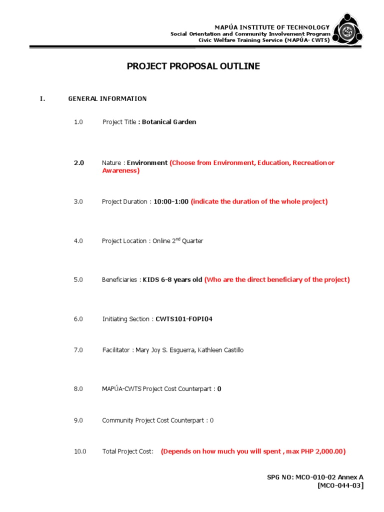 Project Proposal Outline SAMPLE ONLY!!! PPO (Botanical Garden) | PDF