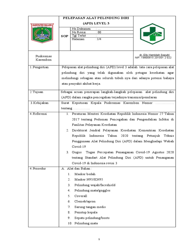 Sop Pelepasan Apd Level 3 | PDF | Kesehatan Holistik