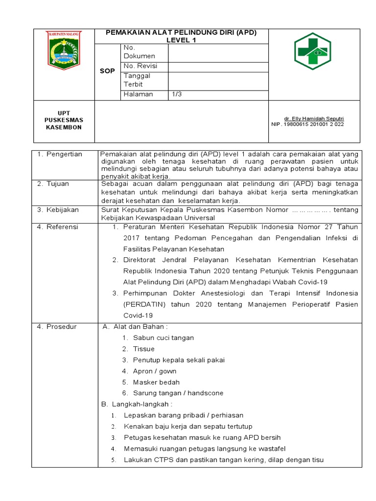 Sop Pemakaian Apd Level 1 | PDF