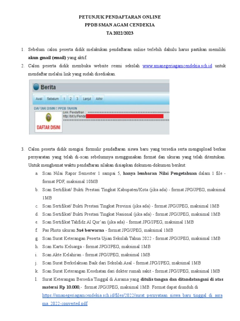 Petunjuk Pendaftaran Online - PPDB Sman Agam Cendekia | PDF