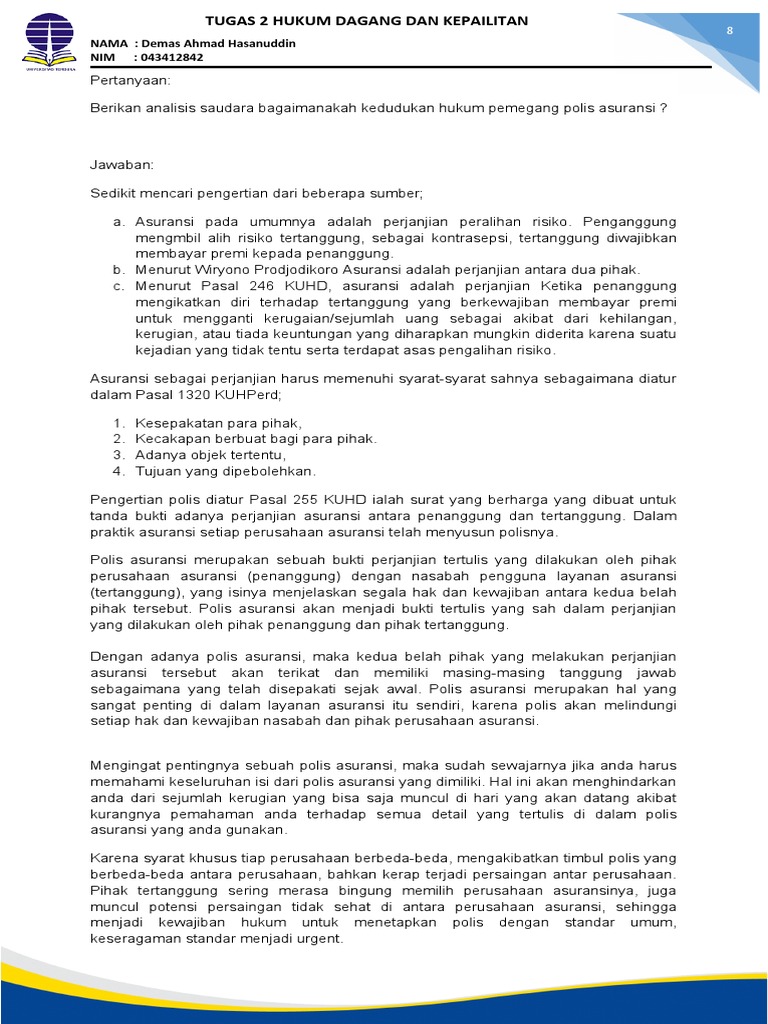 Tugas 2-Hukum Dagang Dan Kepailitan-NIM. 043412842-Demas | PDF