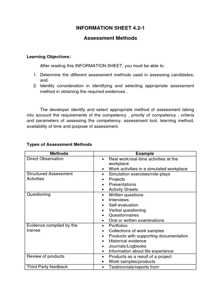 INFORMATION SHEET 4.2-1 Assessment Methods | PDF | Educational ...