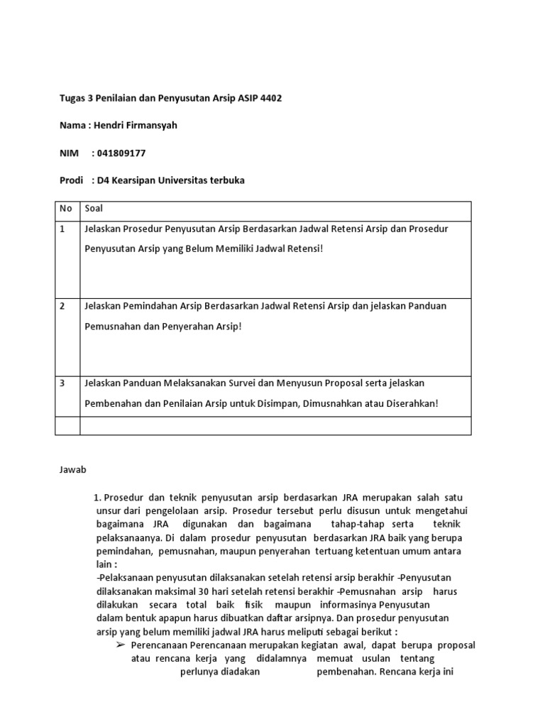 Tugas 3 Penilaian Dan Penyusutan Arsip ASIP 4402 | PDF | Karier ... Tugas 3 Penilaian Dan Penyusutan Arsip ASIP 4402 | PDF | Karier ...