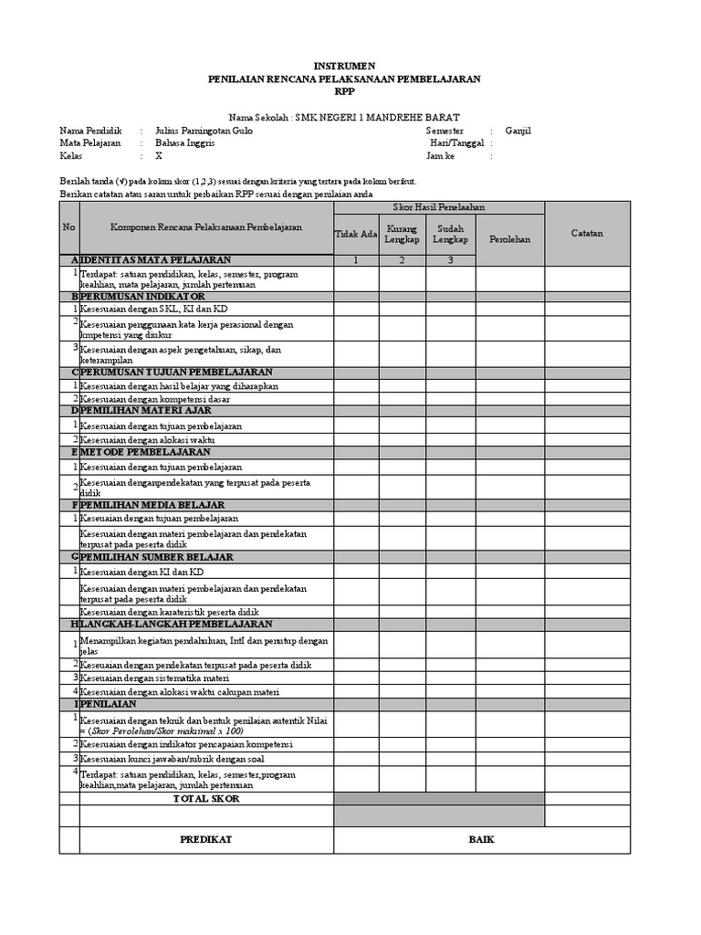 Instrumen Penilaian RPP | PDF