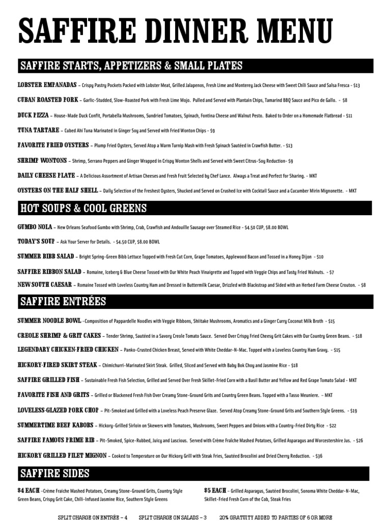 Saffire: Dinner Menu | Grilling | Salad